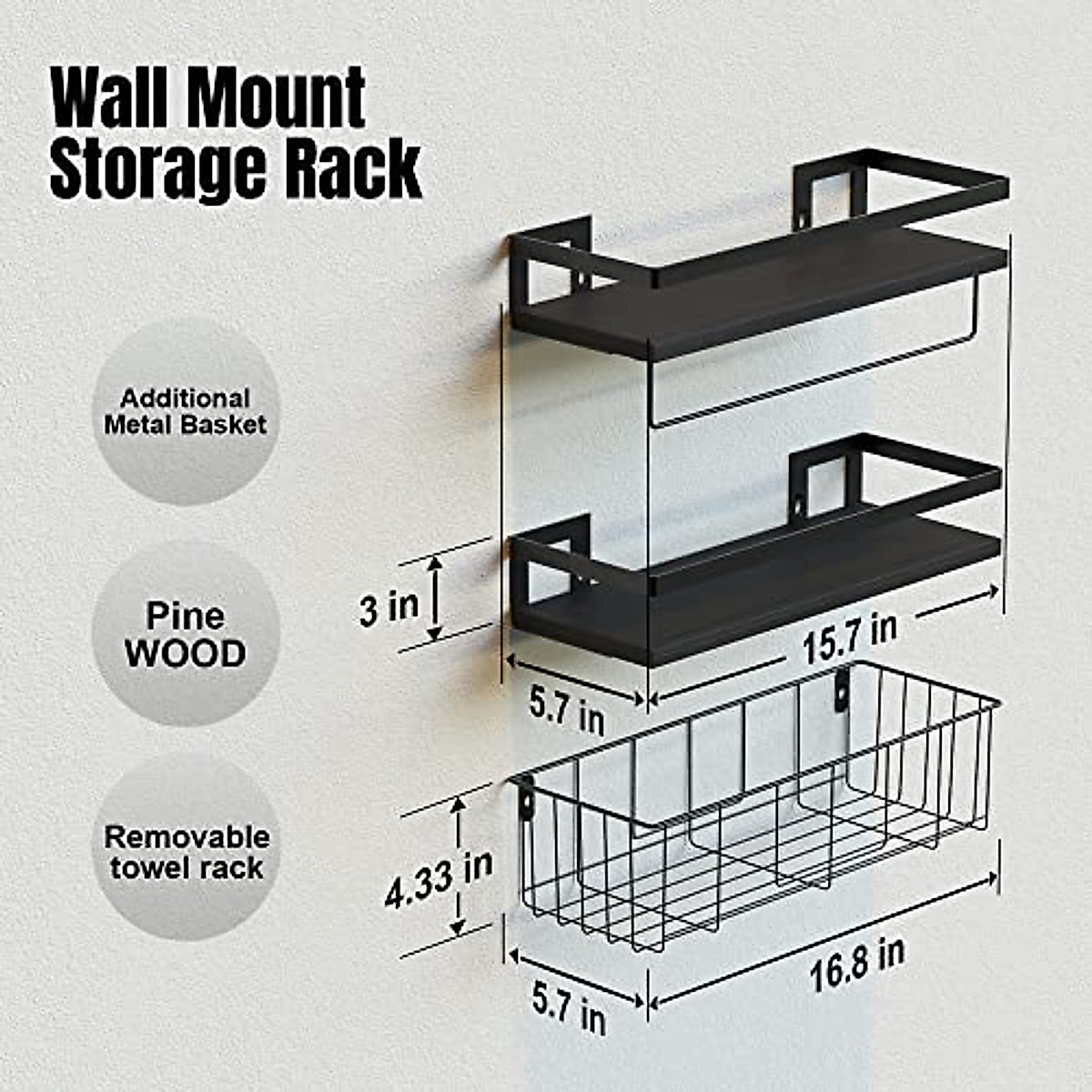 Richer House Floating Shelves with Wire Basket, Rustic Wall Shelves with Removable Towel Bar, Black Bathroom Shelves for Wall Decor, Kitchen, Living Room, Bedroom