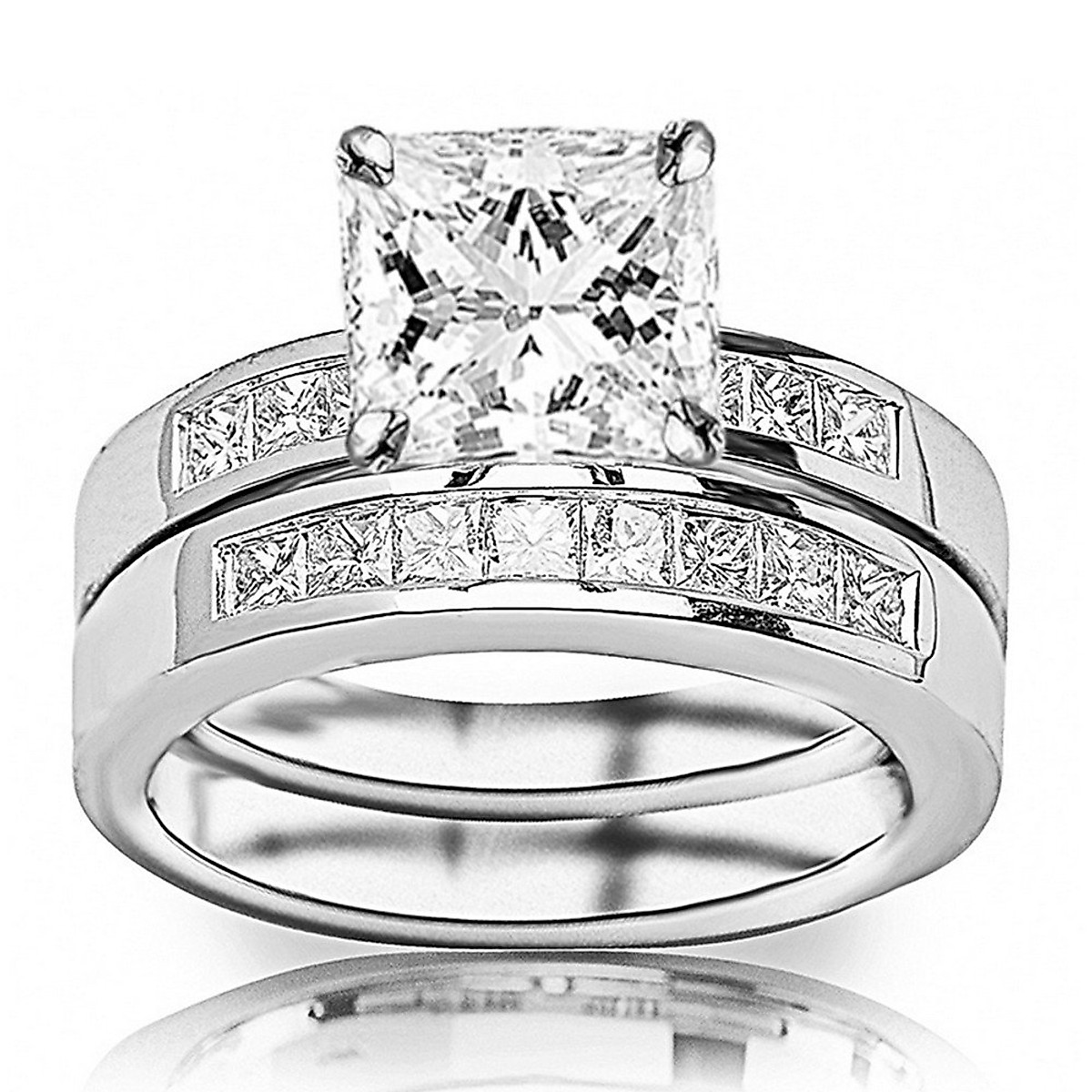 2.5 Carat Classic Lab 14K White Gold Synthetic Lab Grown Princess Channel Princess Wedding Bridal Set IGI Certified Diamond Engagement Ring (1.5 Ct, H-I Color, SI1-SI2 Clarity Center)