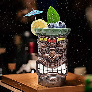 Tiki Mugs Cocktail Set of 4 - Large Tumblers Ceramic Hawaiian Luau Party Mugs Drinkware, Cute Exotic Cocktail Glasses, Tiki Bar Professional Hawaiian Party Barware, TKSET0005