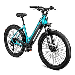 Schwinn Coston CE Hybrid Electric Bike for Adults, 20MPH eBike, Up to 35 miles on a Single Charge, 27.5-Inch Wheels, 7-Speed, Large/X-Large Step-Thru Frame, Gloss Teal