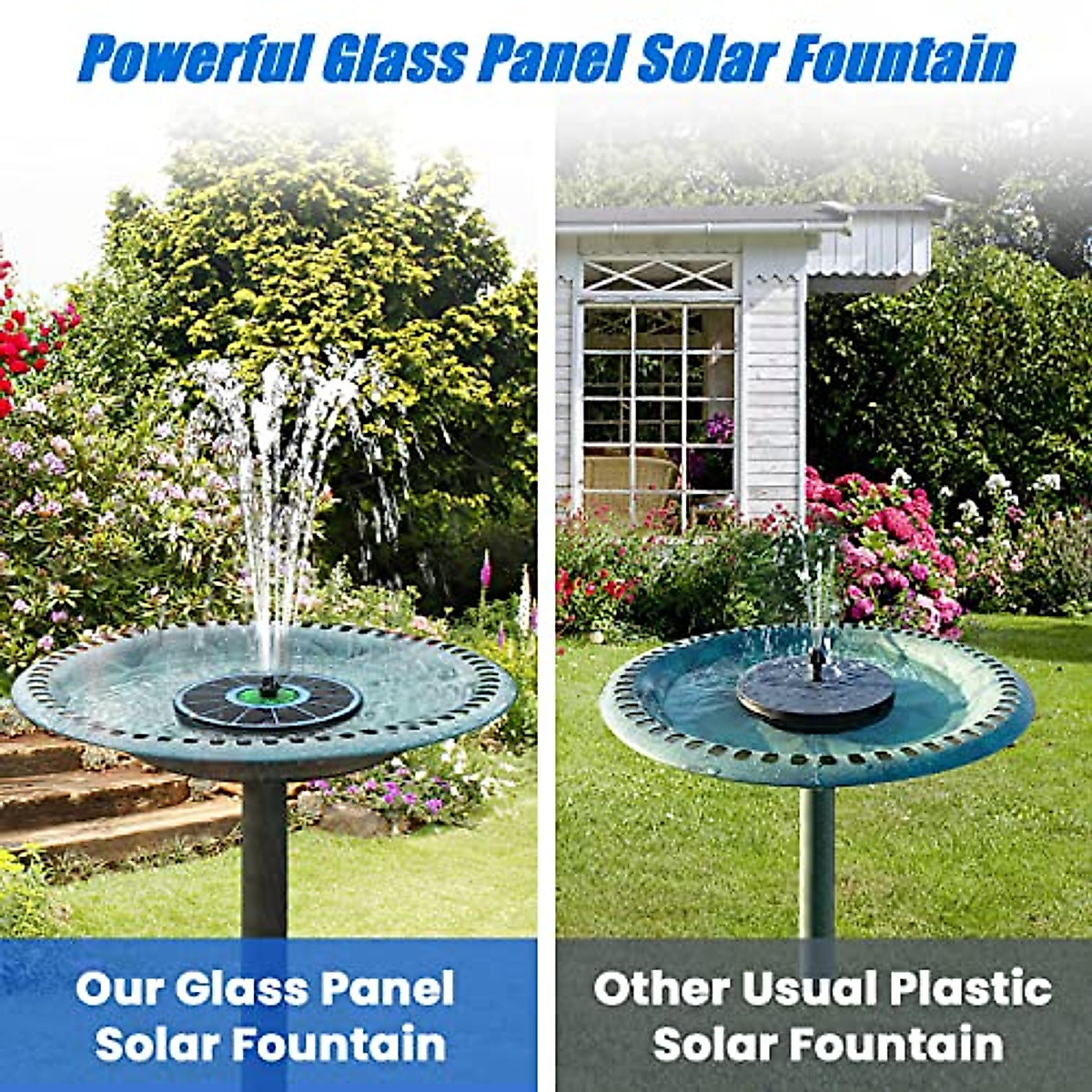 Yzert Solar Fountain Pump Full Glass Blue Panel No Battery, 3.5W Solar Bird Bath Fountains with 4 Fixed Rods & 8 Nozzles, 2023 Bird Bath Fountains Solar Power for Outdoor, Garden, Pond, Pool