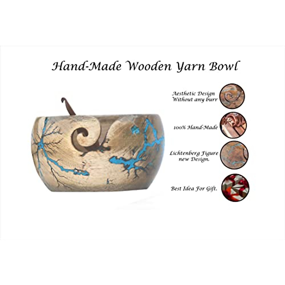 Wooden Yarn Bowl - Knitting Yarn Bowls with Holes Crochet Bowl Holder Handmade Yarn Storage Bowl - Lichtenberg Figure Yarn Bowl (Blue)