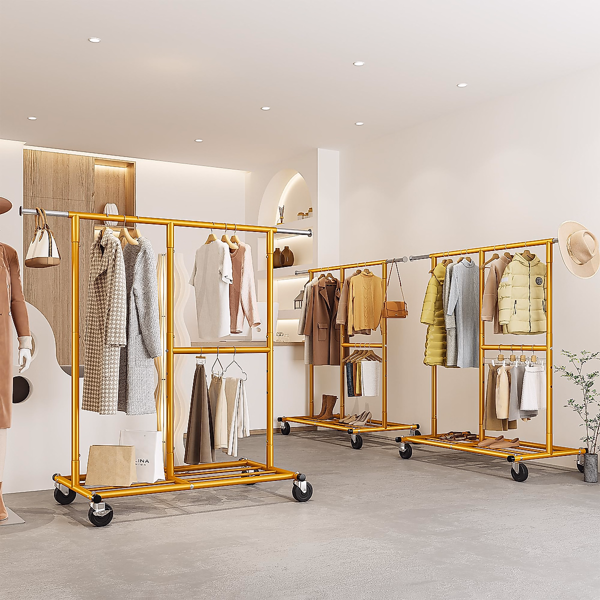 Raybee Gold Clothing Rack Heavy Duty Clothes Rack with Wheels Rolling Clothing Racks for Hanging Clothes for Walk-in Closet, Bed Room, Laundry Room,Commercial,17.7" D x 69.1" W x 71.9" H, Gold