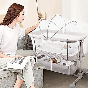 HAHASOLE Bedside Sleeper for Baby, Portable Bassinets for Safe Co-Sleeping, Easy Assemble Baby Crib with Storage Basket & Mosquito, Adjustable Bedside Bassinet for Newborn