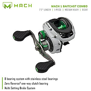 Lew's Mach 1 SLP Baitcast Reel and Fishing Rod Combo, 7-Foot 2-Inch 1-Piece Graphite Rod Blank with Split Grip EVA Handle, One-Piece Graphite Frame, Right-Hand Retrieve, Silver/Green