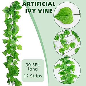 BigOtters Vines for Room Decor, 12 Pack Fake Ivy Leaves Artificial Ivy Garland Hanging Plant Vine for Bedroom Wall Wedding Decor, 90.5Ft