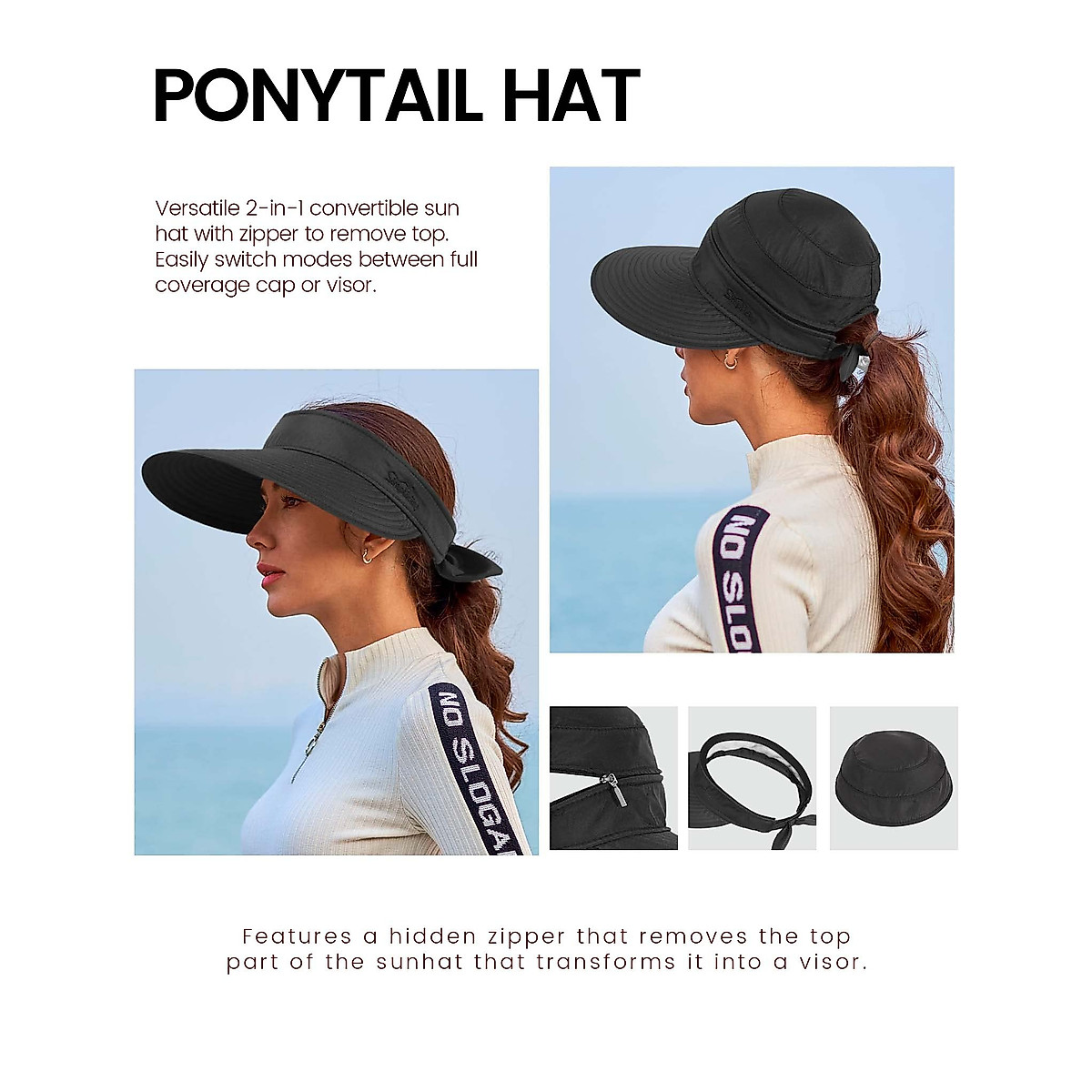 Simplicity Black Sun Hat 2 in 1 UPF 50+ Sun Protective Beach Visor Hat Garden Hats for Women Black