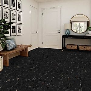 Peel and Stick Floor Tile Waterproof for Bathroom, Peel and Stick Flooring Black Marble Look, Self-Adhesive and Durable Vinyl Flooring, Transform for Kitchen Living Room and Laundry Room,1.5MM(10 PCS)