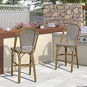 PURPLE LEAF French Counter Height Bar Stool Set of 4 25" Bamboo Print Finish Patio Bar Chairs with Back Rattan Bar Chairs French Bistro Set for Kitchen Outdoor Counter Stool Grey