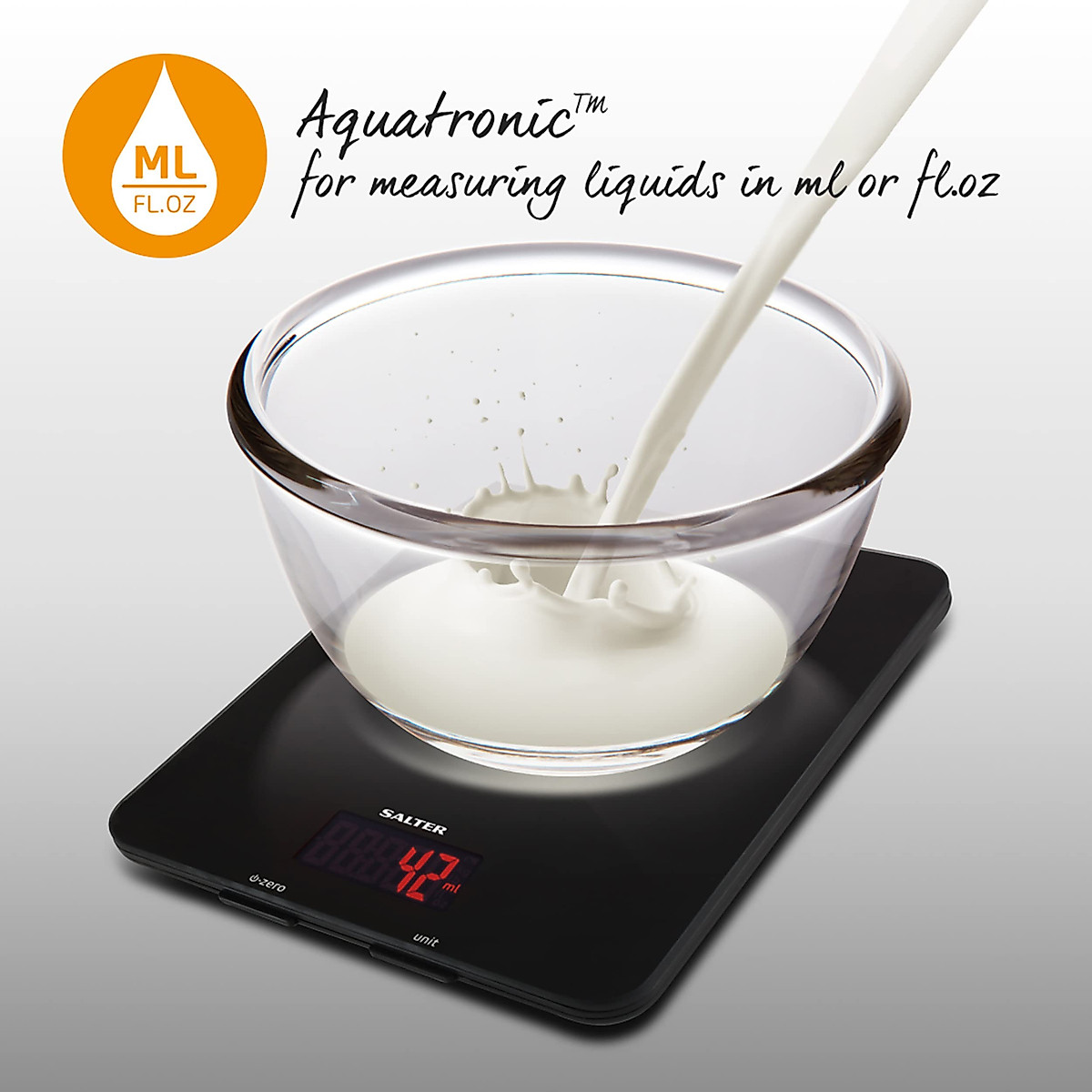 Salter Digital Platform Seen on TV, Stylish Glass Design, Electronic Cooking Scale for Home + Kitchen, Weigh Food 5kg + Liquids in ml and fl. Oz, 5 kg Capacity, Black