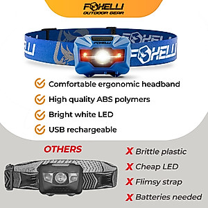 Foxelli LED Headlamp Rechargeable – Ultralight USB Rechargeable Headlamp Flashlight for Adults & Kids, Waterproof Head Lamp with Red Light for Running, Camping, Hiking & Outdoor