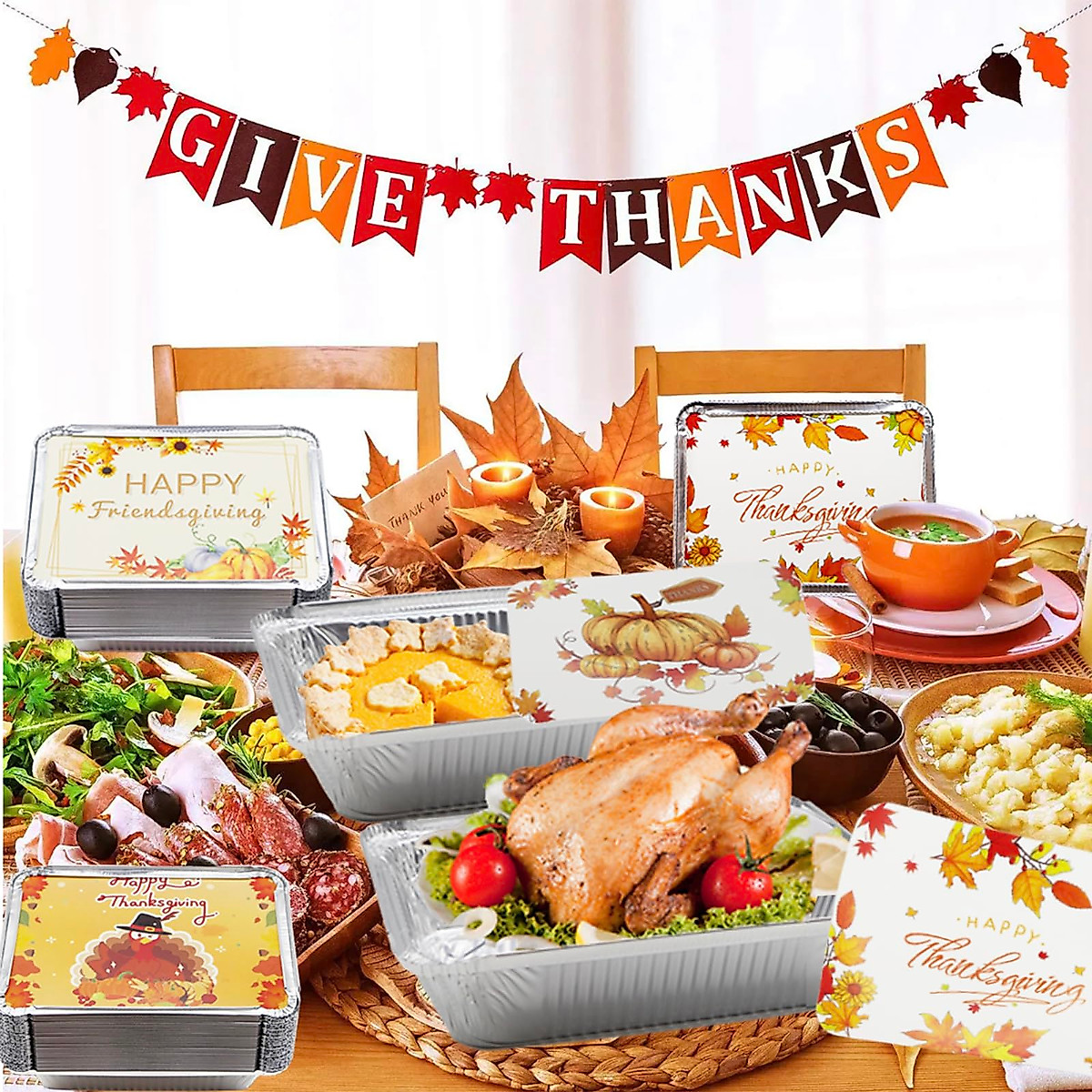 Decodinli 36 pcs Thanksgiving Leftover Containers with Lids, Thanksgiving Aluminum Food Containers, Fall themed Disposable Food Containers, Thanksgiving Tin Foil Containers for Leftovers, Treats