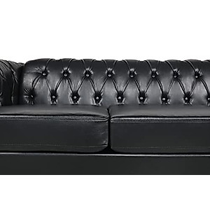 YOCWO Chesterfield Sofa Leather, 84" Upholstered Tufted Couch 3 Seater with Rolled Arms and Nailhead for Living Room, Bedroom(Black)