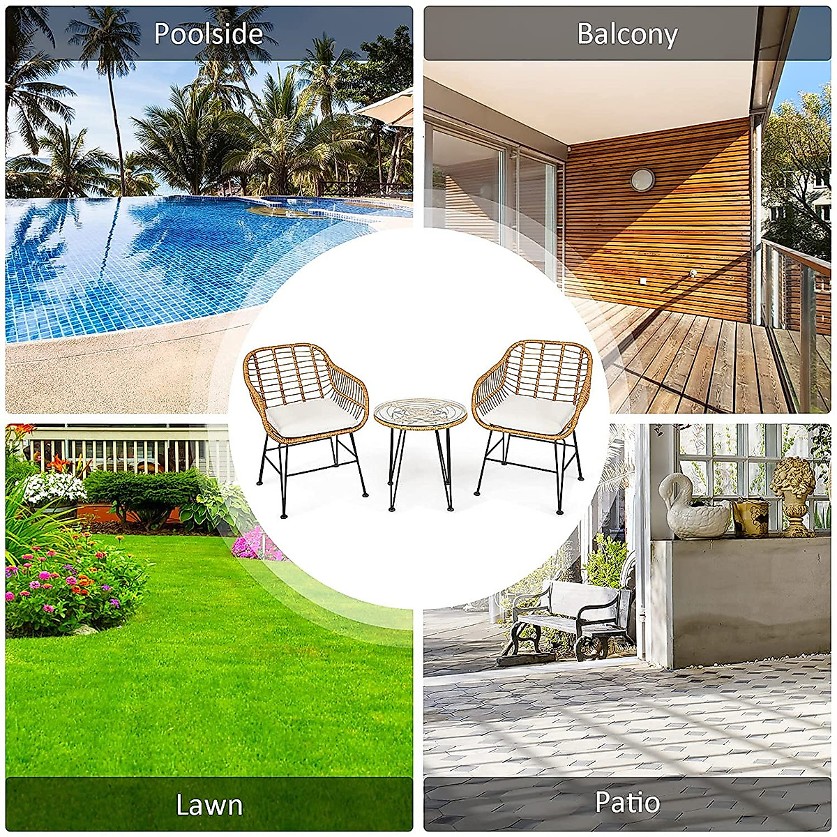 topment Bistro Table and Chairs Set of 2, Outdoor Patio Rattan Chair & Tempered Glass Coffee Table Set w/Removable Washable Beige Cushion Cafe Set for Indoor Balcony, Poolside, Garden (Pale Brown)