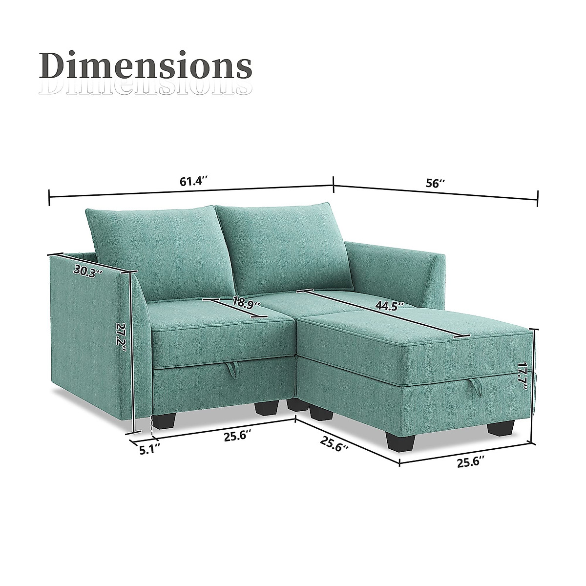 HONBAY Modular Sectional Sofa 2 Seater Couch with Chaise L Shaped Modular Sofa for Small Apartment, Aqua Blue