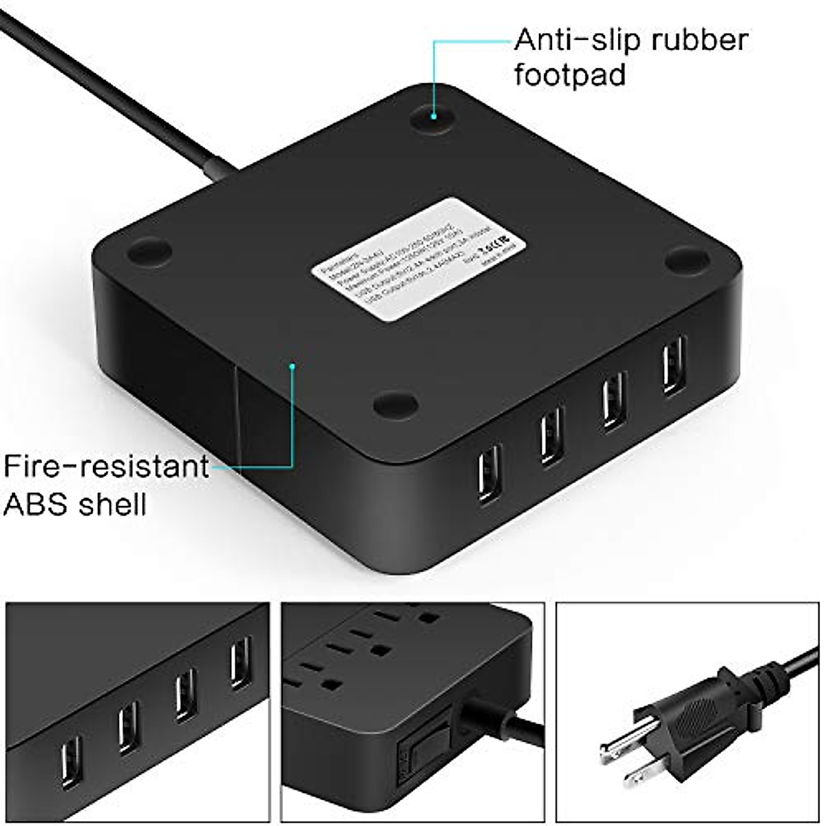 Kinfayv Power Strip with 4 USB Ports & 3 Outlets - Portable USB Strip Surge Protector Desktop Charging Station USB Power Cord with On/Off Switch & 5 Feet Cord for Travel, Hotel, Office