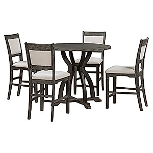 Hlcodca Farmhouse 5-Piece Counter Height Dining Table Set,Round Kitchen Dining Table Set with Trestle Legs and 4 Upholstered Dining Chairs for Small Place (Gray#R^Farmhouse)