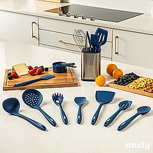 Silicone Kitchen Utensils Set & Holder: Cooking Utensils Set - Kitchen Essentials for New Home & 1st Apartment- Silicone Spatula Set, Cooking Spoons for Nonstick Cookware (Silicone, Blue)