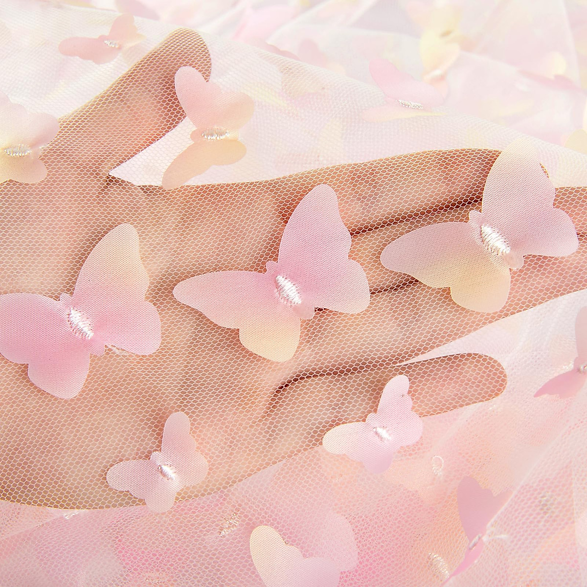 Rainbow Pink Tulle Fabric Rolls: 2 Yards 3D Butterfly Embroidery Fabric - DIY Cloth for Birthday Party Decorations Wedding Bridal Shower Baby Shower