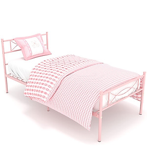 Pink Twin Bed Frame for Girls,Mattress Foundation Support with Headboard and Footboard No Box Spring Need Metal Platform Bed