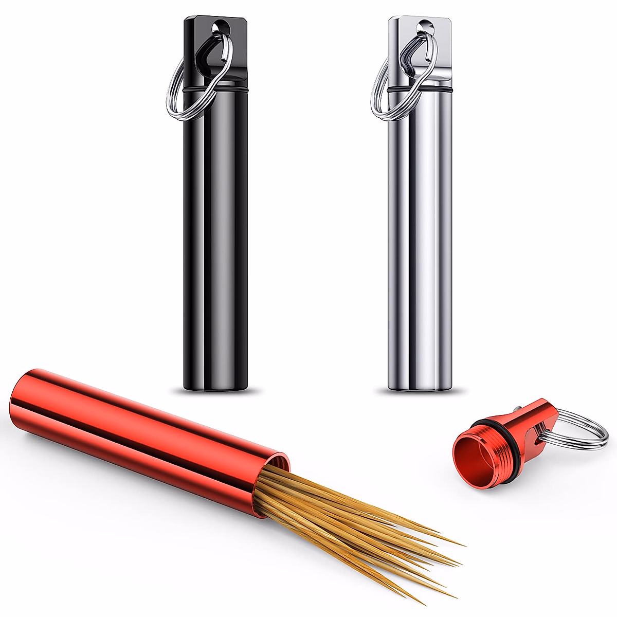 Metal Portable Toothpick Holder Box 3 Pieces ,Pocket Waterproof Case Toothpicks Container with Keychain for Outdoor Picnic and Camping travel purse Ear Wax Removal Tool Case Needle Holder cotton swab