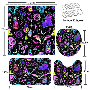 Halloween Bathroom Sets with Shower Curtain and Rugs and Accessories, Witch Skull Shower Curtain Sets, Spooky Shower Curtains for The Bathroom, Halloween Bathroom Decor 4 Pcs