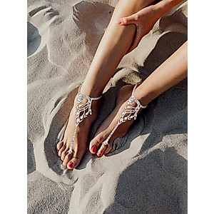 Hicarer 6 Pieces Foot Jewelry Barefoot Sandals for Women Rhinestone Anklets Bohemian Foot Chain for Beach Wedding Valentine's Day