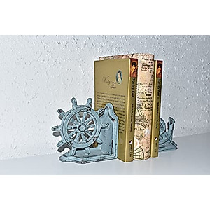 JUCONSIN Anchor Bookends, Antique Blue Nautical Ship Wheel and Anchor Decorative Bookends Set, Heavy Duty Cast Iron, Cute Bookends for Office Home Desk Bookrack Shelves