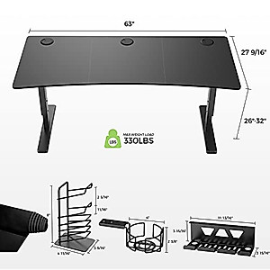 DESIGNA Manual Height Adjustable Home Office Computer Desk, 63 Inch Large Curved Edge Standing PC Gaming Table Workstation with Full Mouse Pad Controller Rack Cup Holder Headphone Hook, Black