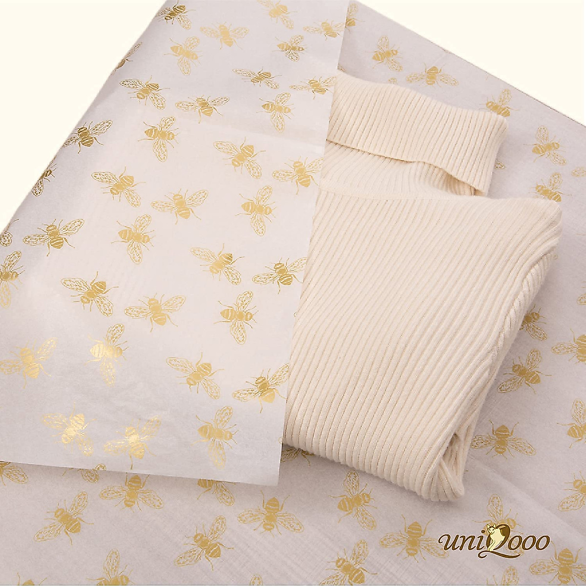 UNIQOOO 40 Sheets Metallic Gold Foil Honey Bee Gift Wrapping Tissue Paper Bulk, Large 20X26 Inch, For Wedding Birthday Baby Shower Party Favor Decor, Gift Bags Box Packaging, DIY Craft Bedding Shred Paper Filler