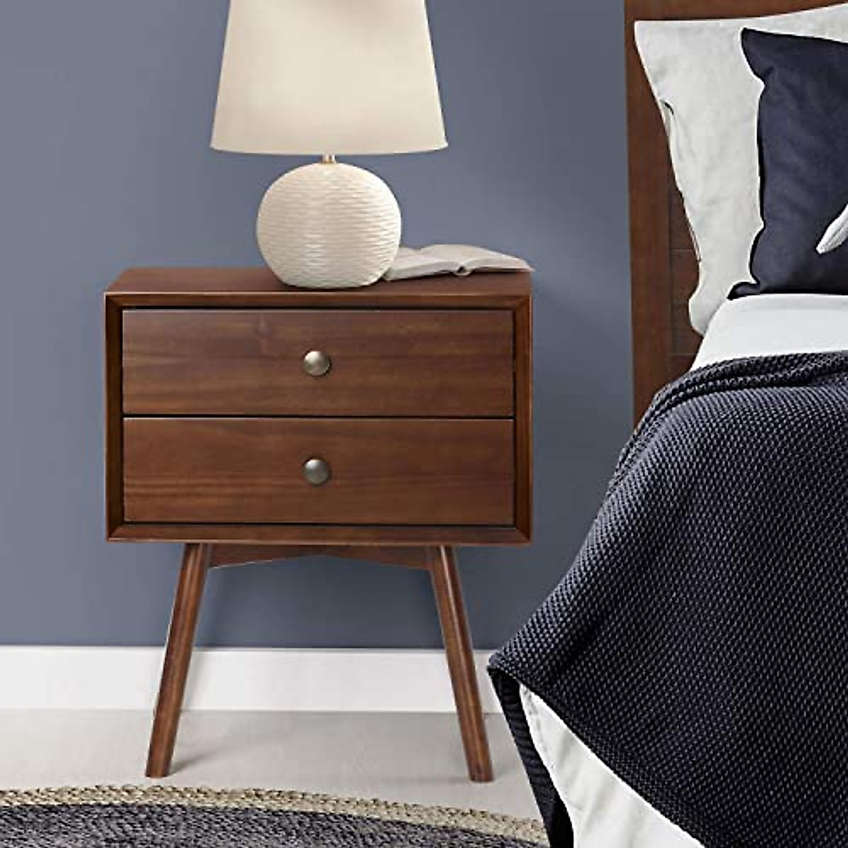 Walker Edison Mid Century Modern Wood Nightstand Side Table Bedroom Storage Drawer Bedside End Table, 2 Drawer, Walnut