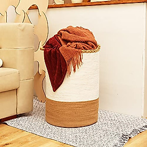 Homlikelan 72L Woven Laundry Basket,Tall Wicker Laundry Basket for Blankets,Clothes,Pillows,Toys,Shoes Large Cotton Laundry Hamper for Bedroom Living Room Bathroom Nursery White Brown