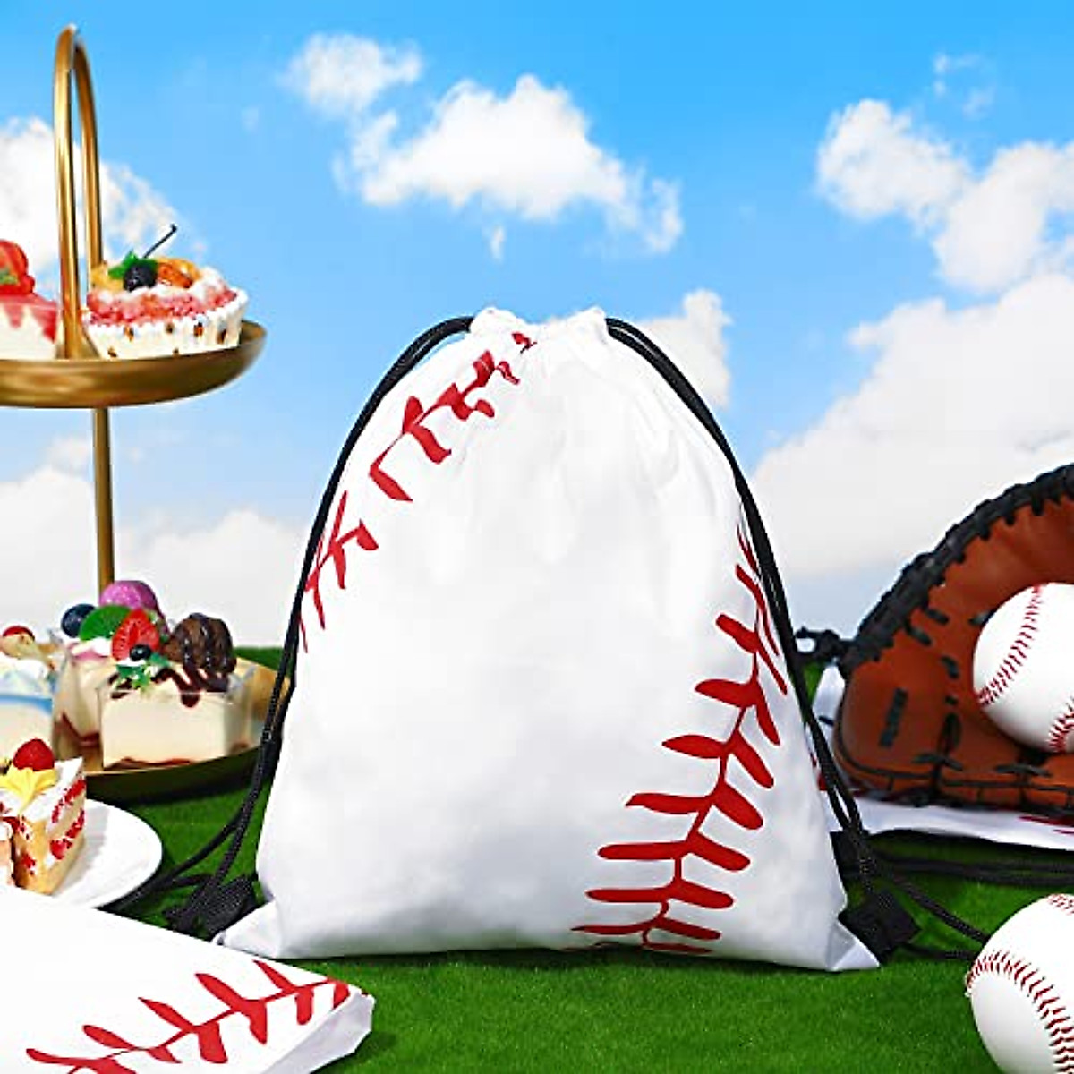 12 Pieces Small Sport Drawstring Bags Candy Bag Sport Party Drawstring Goodie Favor Bags Supplies Gifts(Baseball Style,10 x 12 Inch)