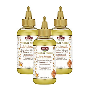 African Pride Moisture Miracle 5 Essential Oils - Contains Castor, Grapeseed, Argan, Coconut & Olive Oil, Seals in Moisture & Adds Shine, Vitamin E, 4 oz (3 Pack)