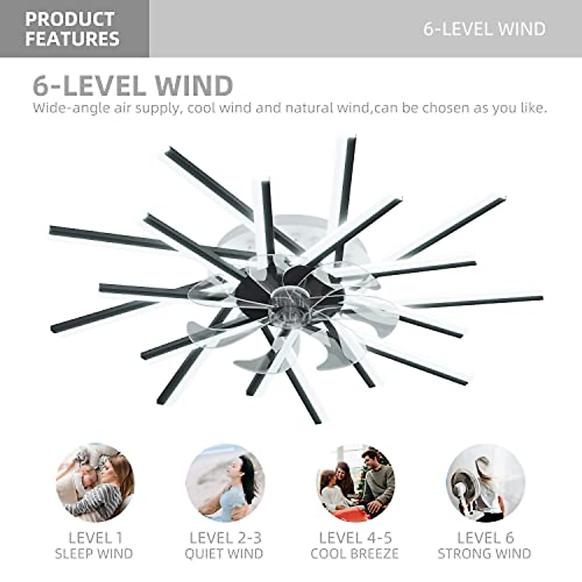 Aajqv 36.2" Ceiling fans with lights，3 color temperatures,6 Gear Wind Speed ceiling fan with lights remote control，flush mount ceiling fan for Bedroom, living room 70W (36.2", Black)