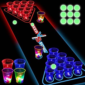HIOHWEFH Glowing Beer Pong Table Mat for Drinking Game Light Up Plastic Cups and Pongs Beer Pong Set for Party Game Indoor Outdoor Pong Game, Party Supplies Decor 71 * 23inch
