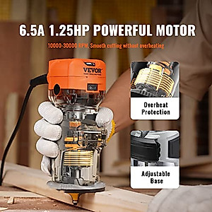 VEVOR Wood Router, 1.25HP 800W, Compact Wood Trimmer Router Tool, 30000RPM Max Speed 6 Variable Speeds, with 1/4'' & 5/16'' Collets 12 PCs Milling Cutters Dust Hood, for Woodworking Slotting Trimming