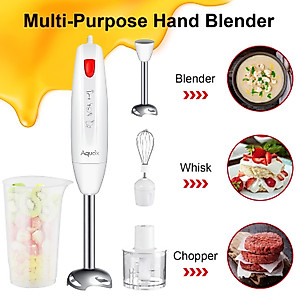 Immersion Blender Handheld Blender 4 in 1, 16000rpm Speed, 400W Turbo Motor & Ergonomic Grip Hand Blender Set, Splash-Proof Stainless Steel Blades, for Soup,Baby Food,Smoothies,Sauce,Aquox (White)