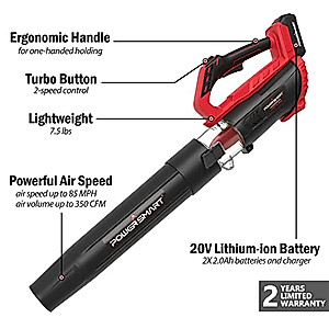 PowerSmart 20V Cordless Leaf Blower with 2PCS 1.5Ah Battery and Charger, Blowers for Lawn Care, Snow Blowing & Yard Cleaning