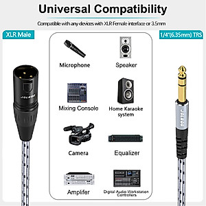 JOLGOO 1/4 Inch TRS to XLR Male Cable, Balanced 6.35mm TRS Plug to 3-pin XLR Male, Quarter inch TRS Male to XLR Male Microphone Cable, 3.3 Feet