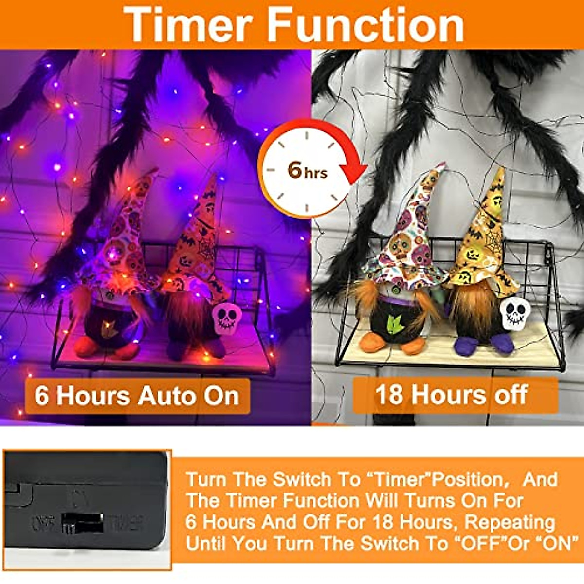 5 Pack Halloween String Lights Decor, Timer, Total 150 LED 50 Ft Battery Operated Copper Wire Purple Orange Fairy Lights Halloween Decorations Outside Yard Home Indoor Outdoor,30 LED 10 Ft Each