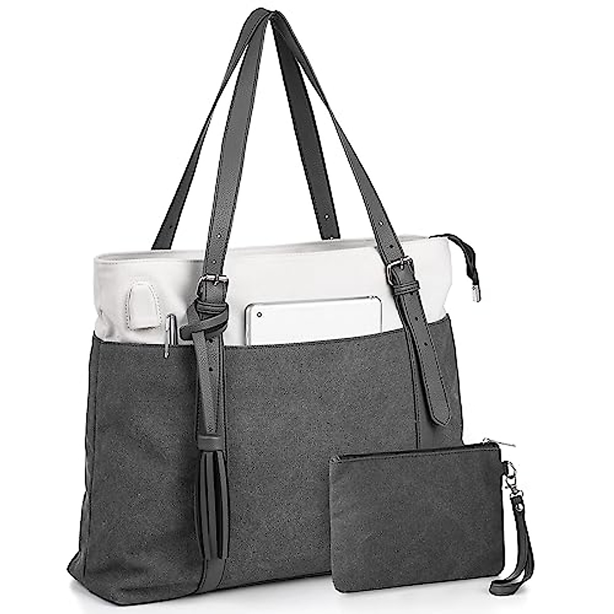 Tote Bag with Zipper for Women,Laptop Tote Purse with Cup Holder & Compartments for Work Travel Nurse Teacher College,Bolso para Mujer,Canvas,Gray