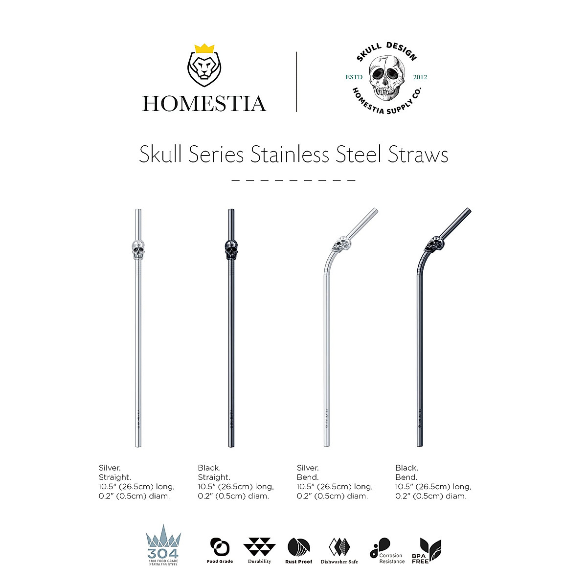 Homestia Long Reusable Straws Metal Straws with Silicone Tips, Drinking Straws Reusable Stainless Steel Straws, Skull Straws for Tumblers, 2 Straight 2 Bent, 10.5" Travel Straws with Cleaning Brush