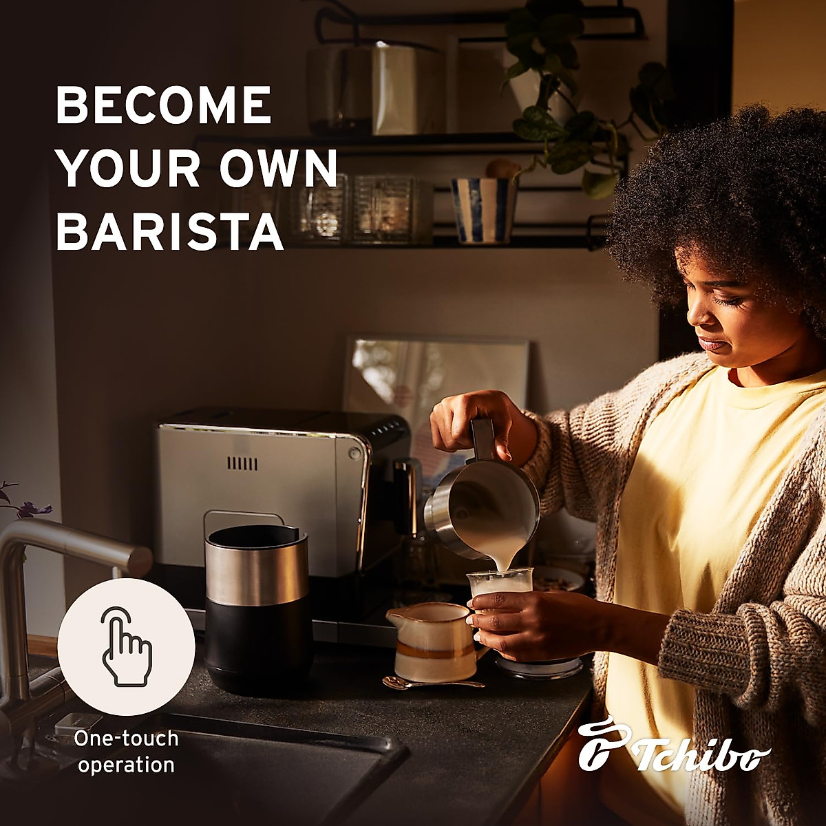 Tchibo Induction Milk Frother, 16.9 oz Capacity - Electric Coffee Frother for Hot and Cold Milk Froth - with Touch Button and Automatic Switch-off Function, Dishwasher-safe