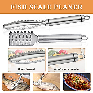 Worldity 7 Pieces Fish Scaler Brush Remover with Gray Mitten, Stainless Steel Sawtooth Remover Removing Peeler Cleaning Tool Fish Shape Tweezers for Fish Scales Removing Peeling
