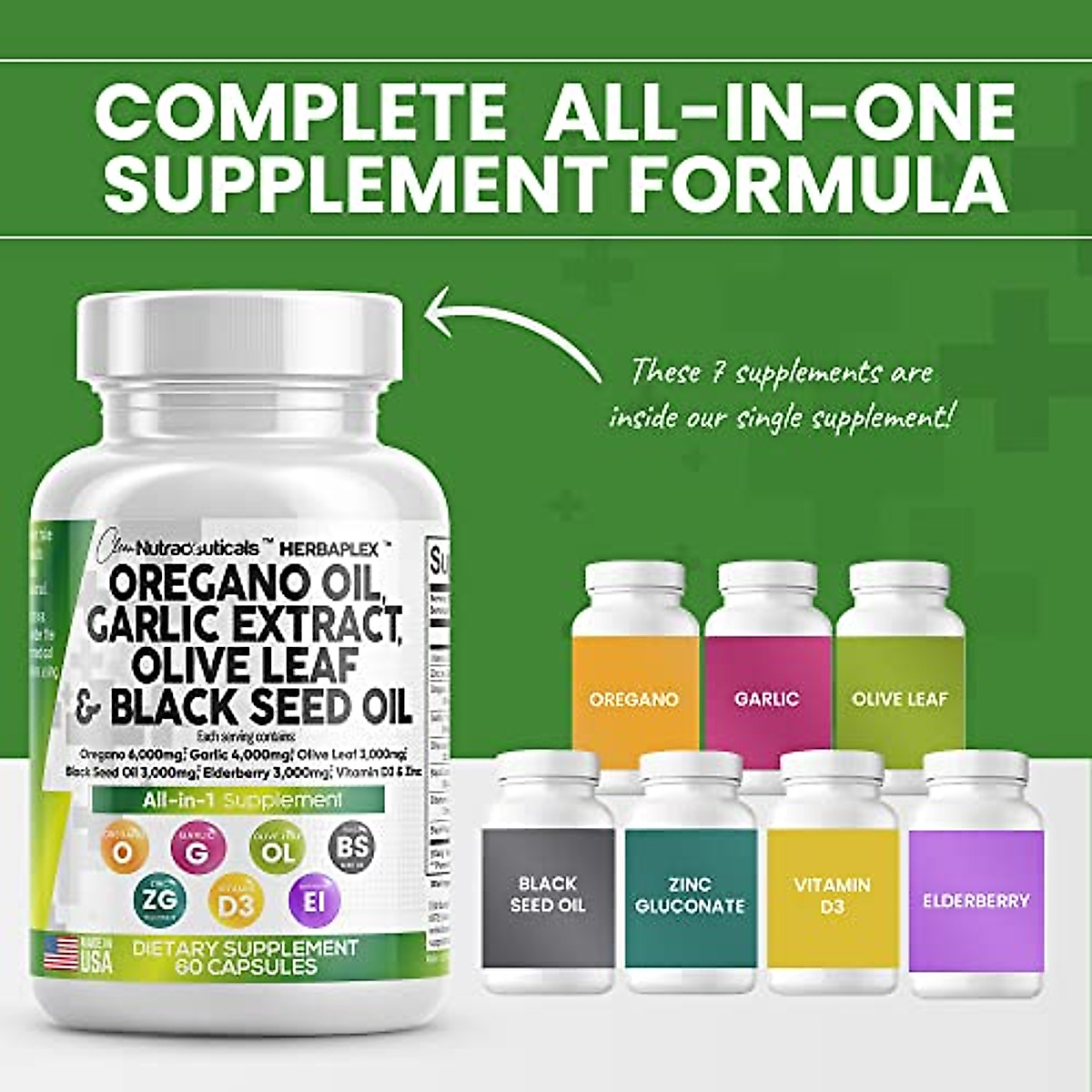Oregano Oil 6000mg Garlic Extract 4000mg Olive Leaf 3000mg Black Seed Oil 3000mg - Immune Support & Digestive Health Supplement for Women and Men with Vitamin D3 and Zinc - Made in USA 60 Caps