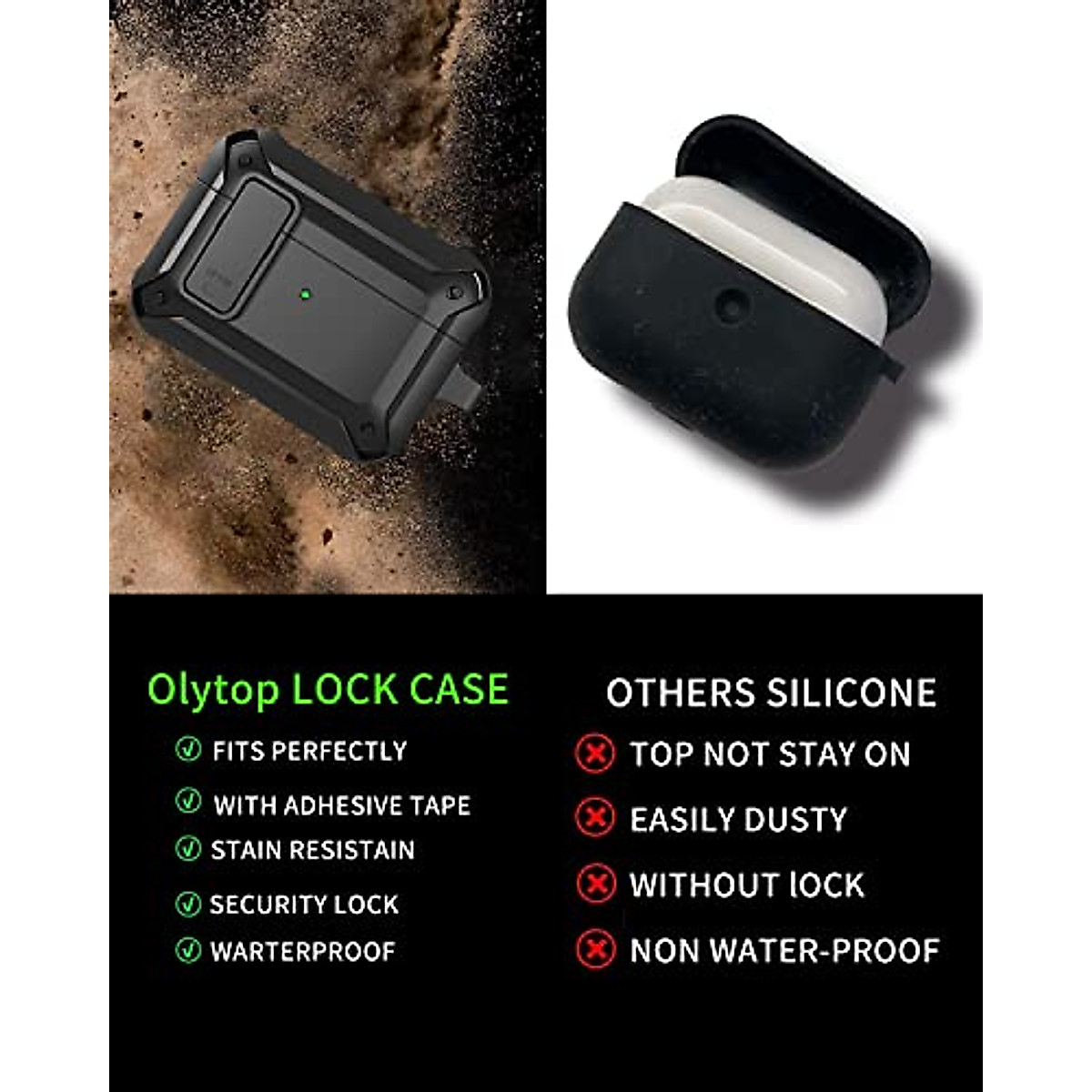 Airpods Pro Case Cover, [Secure Lock] Olytop Armor Case for Apple Airpod Pros Rugged Cool Protective Case Cover for Men Full-Body Shockproof Case Skin with Carabiner - Black