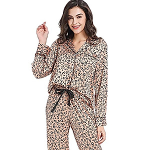 Serenedelicacy Women's Satin Pajama Set 2-Piece Sleepwear Loungewear Long Sleeve Button Down Silky PJ Set (Medium, Tan/Black/Ivory, Leopard)