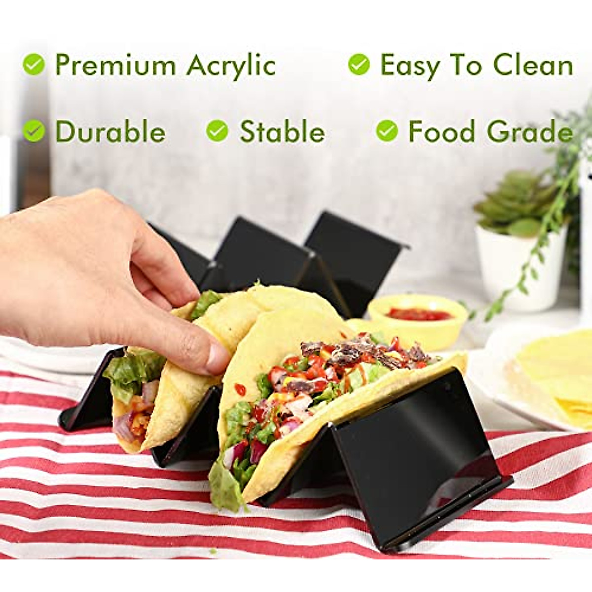 Kamehame Acrylic Taco Holder Set of 4 Black Taco Stand Tray, Modern Lucite Taco Plates for Home Restaurant Dining Kitchen Table Desktop, Each Tortilla Rack Can Hold 2 or 3 Tacos or Snacks, KA21028