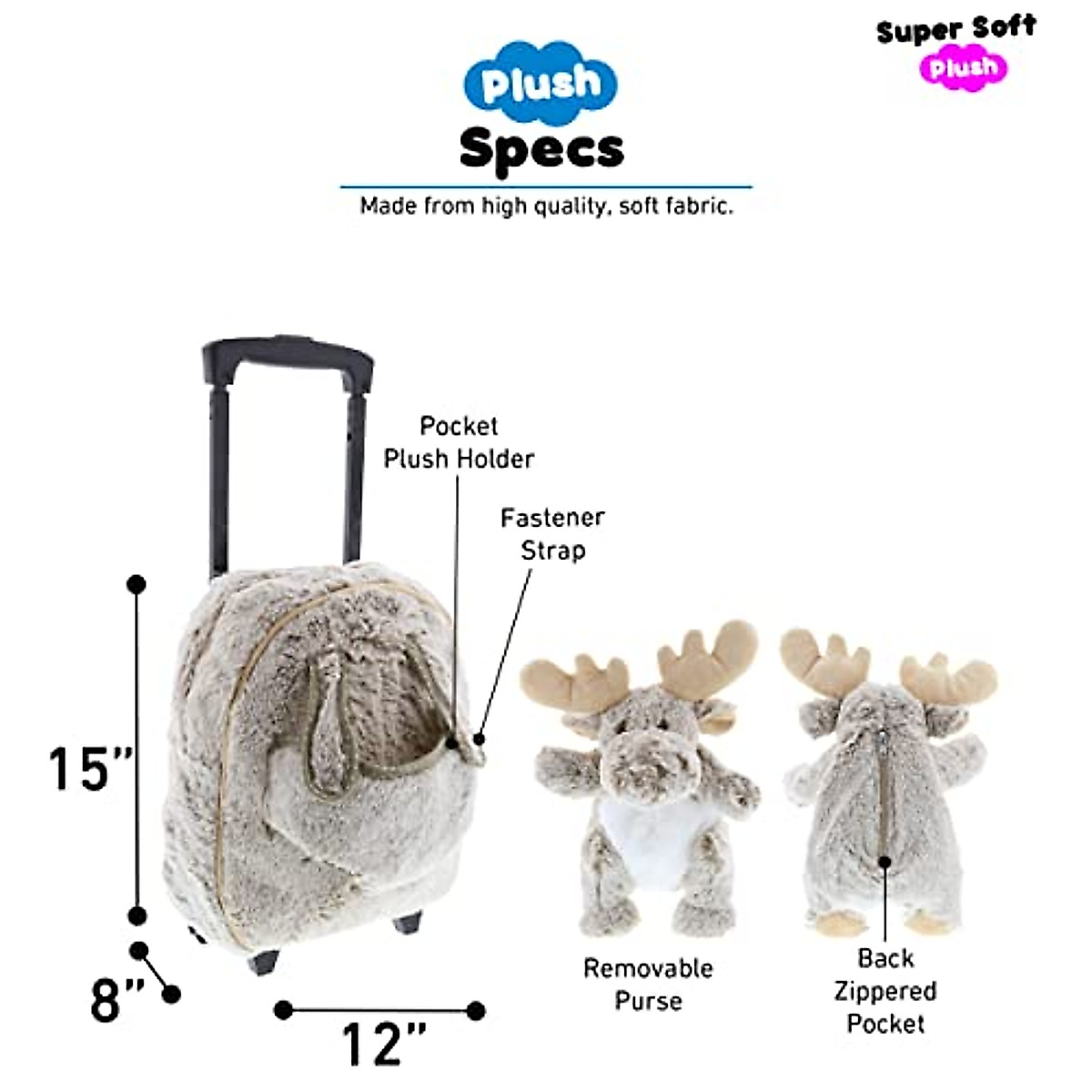 DolliBu Moose Plush Trolley & Purse Set - 3-in-1 Kids Trolley, Backpack, & Brown Moose Purse, Soft Plush Backpack on Wheels, Rolling Bag with Removable Plush Toy Purse - 15"